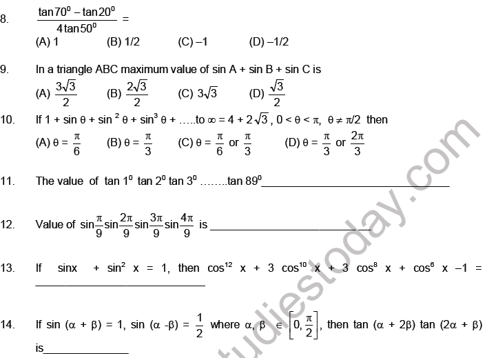 Jee Mathematics Trigonometric Functions Mcqs Set A With Answers